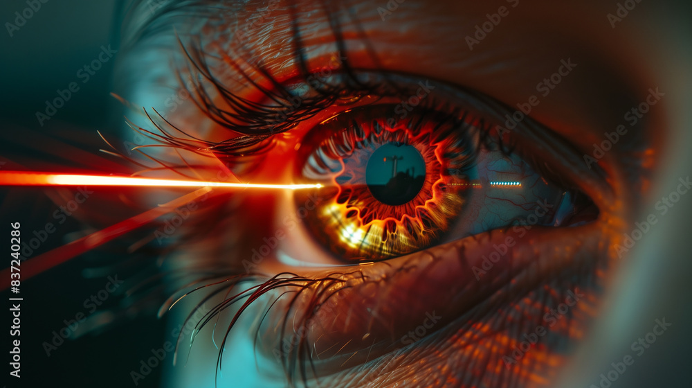 Laser eye correction for vision improvement. Beam and cornea close up ...