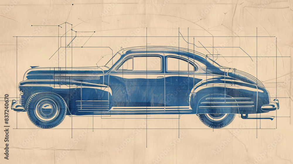 Detailed Technical Blueprint of Classic Car with Side and Top Views ...