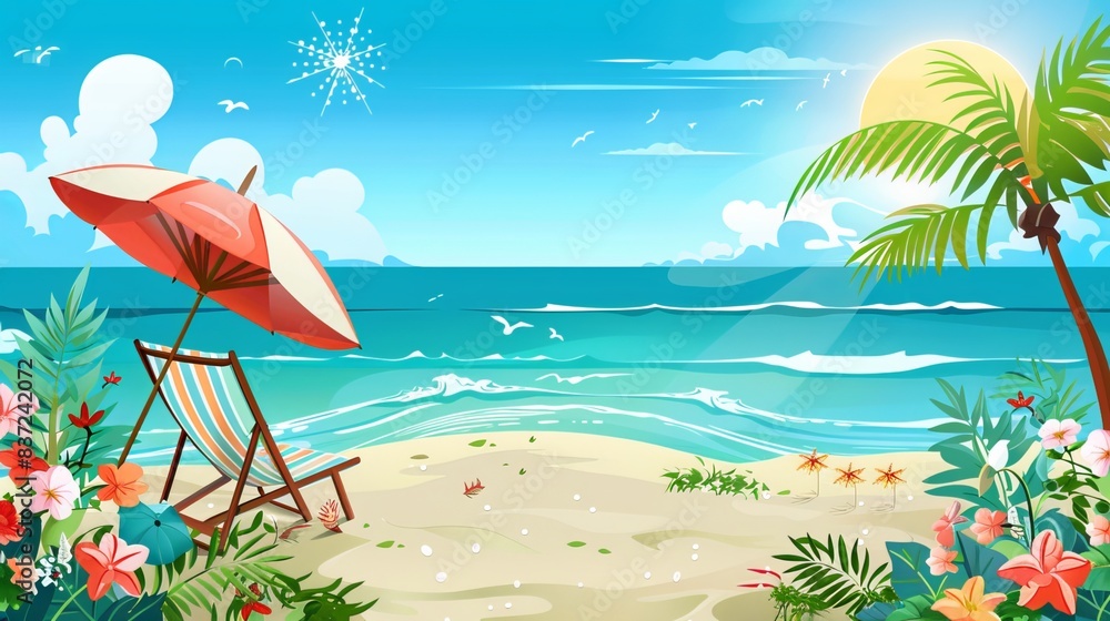 Summer beach display with sand, flowers, a coconut tree, an umbrella ...