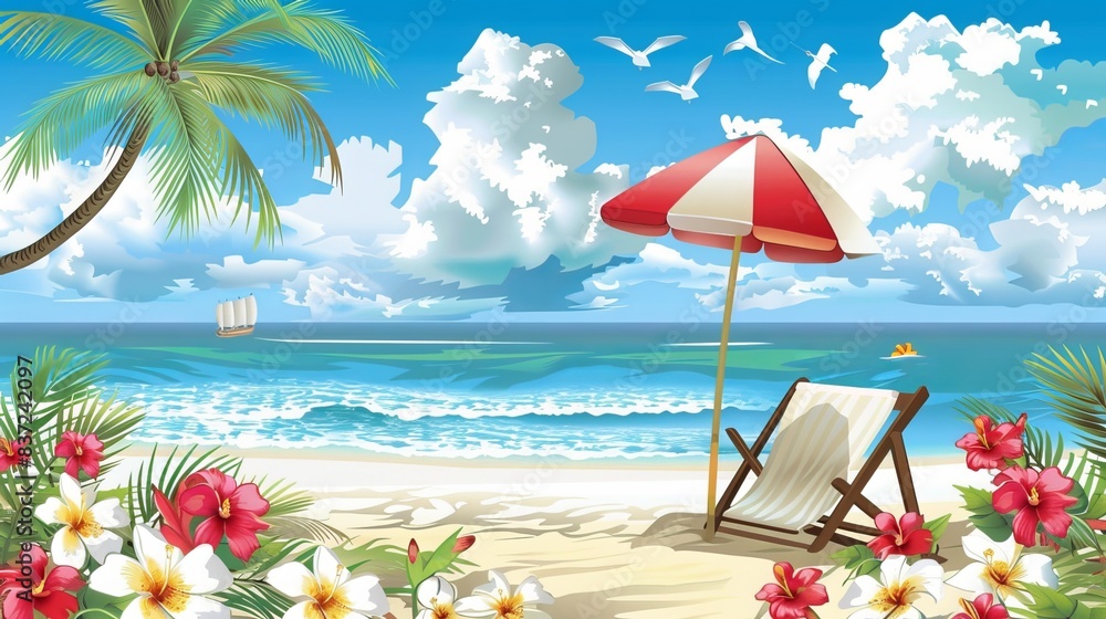 Summer beach display with sand, flowers, a coconut tree, an umbrella ...