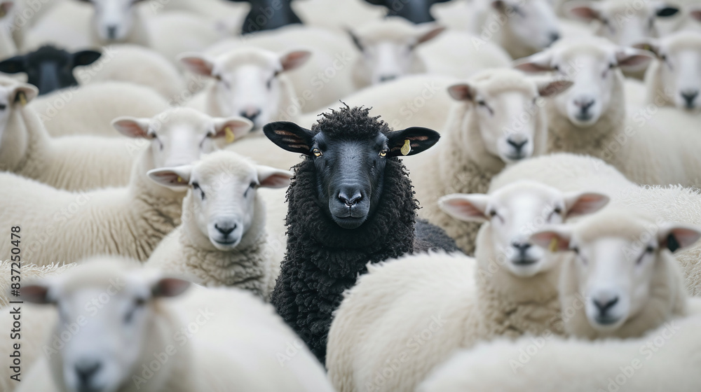 A black sheep among a flock of white sheep, raising head as a leader ...