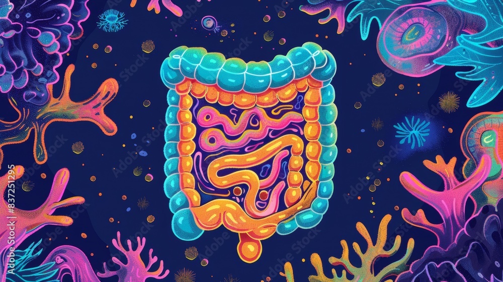 Colorful illustration of the human digestive system with vibrant ...