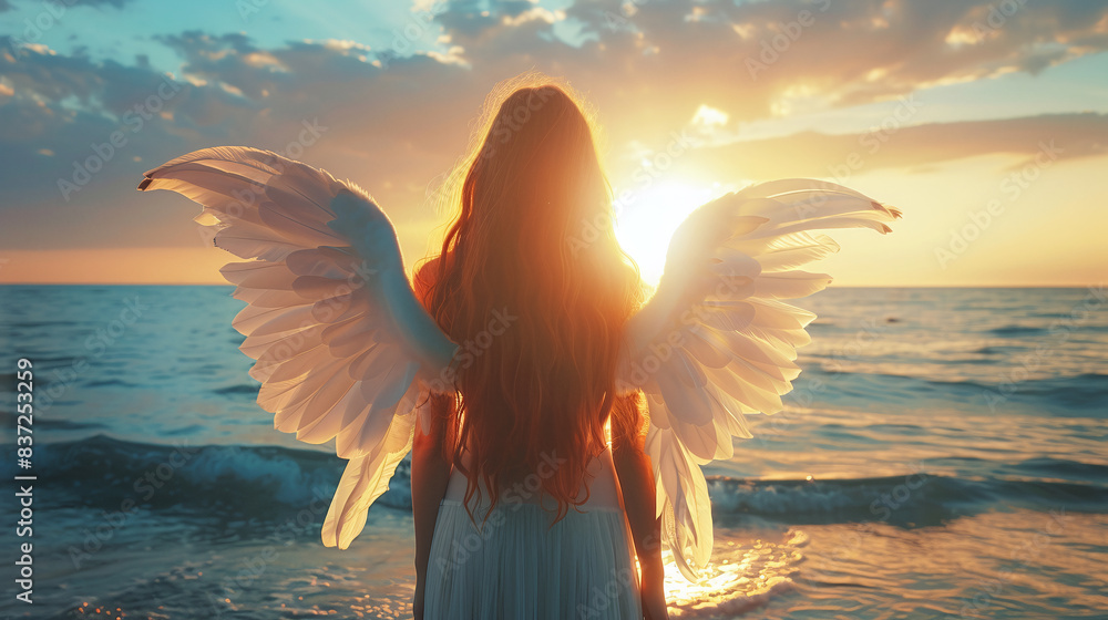 Walking angel by the sea looking into beautiful sunrise. Silhouette ...