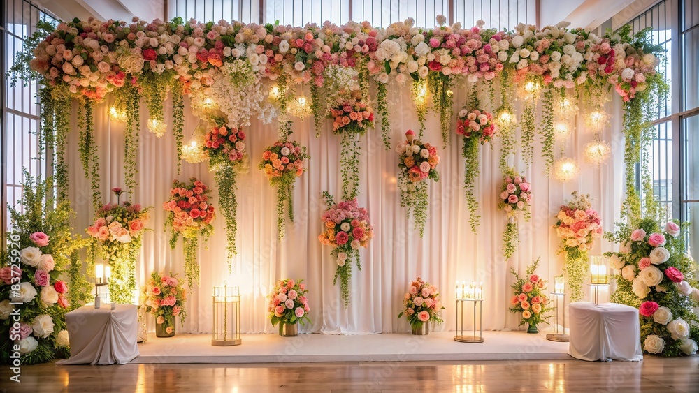 Wedding backdrop with aesthetic flower decoration in an indoor studio ...