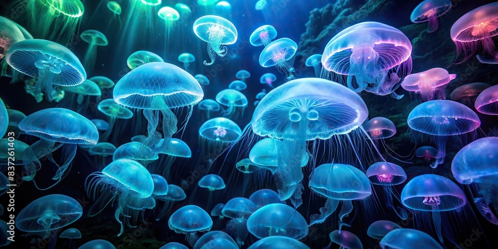 Bioluminescent jellyfish glowing underwater close to the surface ...