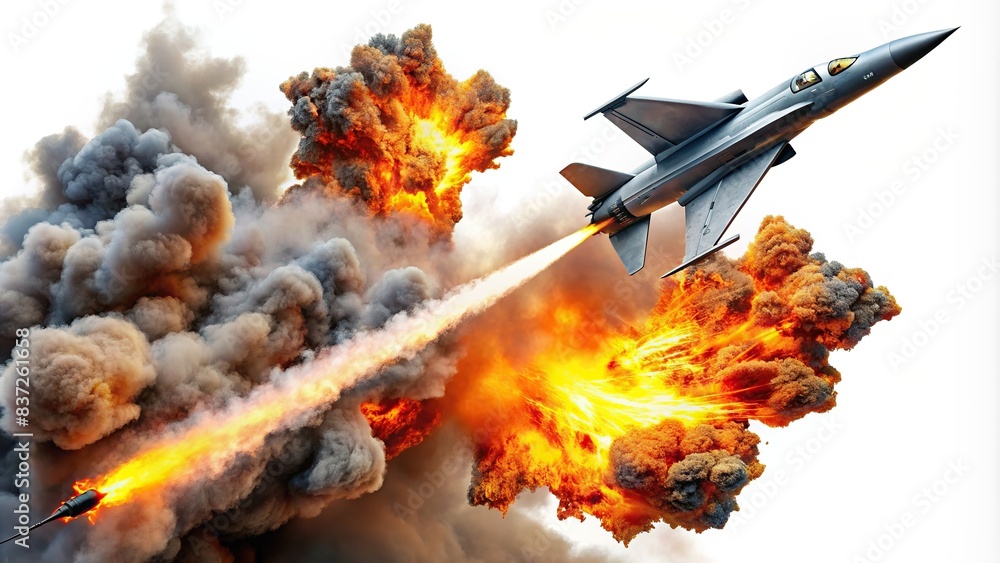 fire and smoke with missile or bullet trail on white background, with ...