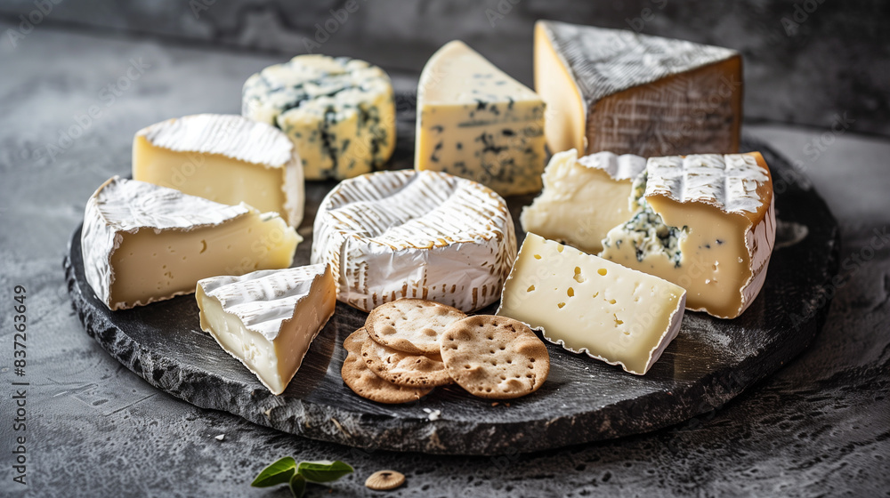 Selection of artisan cheeses, featuring soft, semi hard, and veined ...