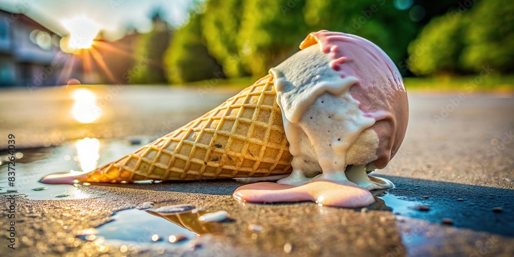 Melted ice cream cone on a hot summer day , dessert, summer, melting ...
