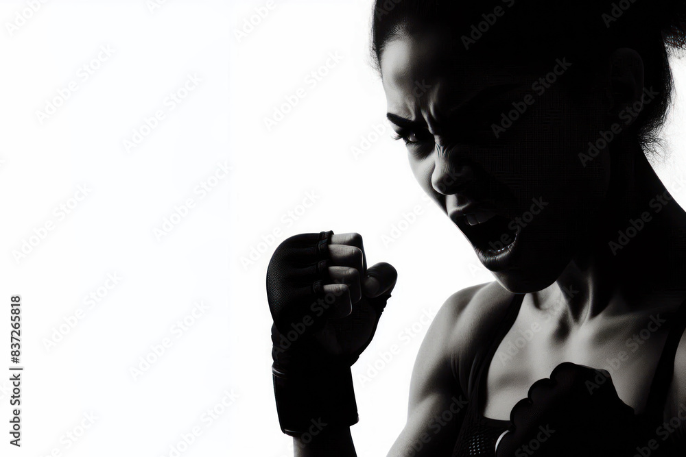 silhouette Angry MMA black woman fighter Isolated on white background ...