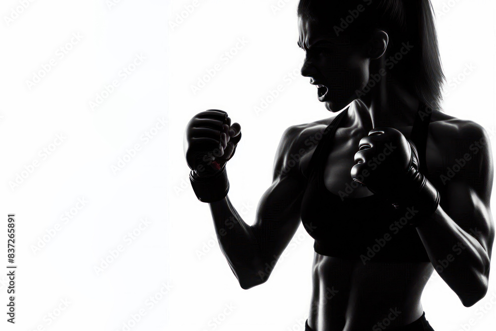 silhouette Angry MMA woman fighter Isolated on white background Stock ...