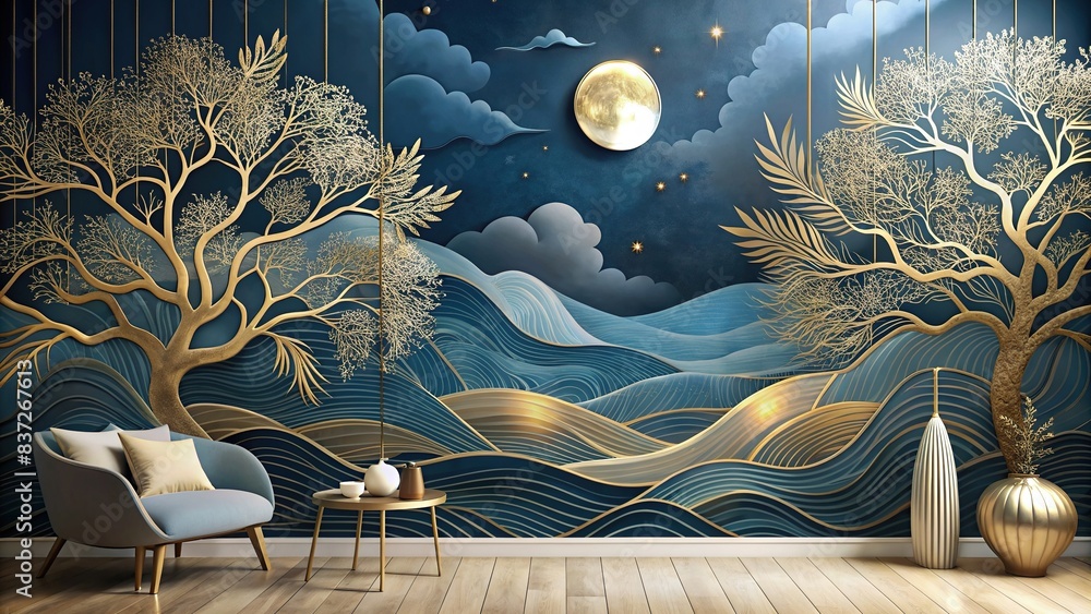 mural wallpaper with dark blue background, golden tree, white moon, and ...