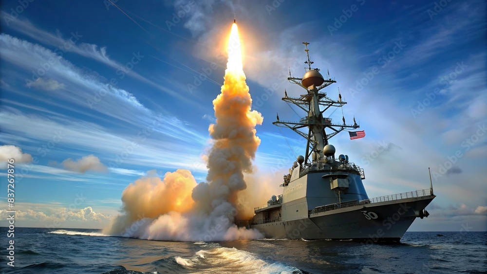 Missile launch from navy destroyer in a military special mission ...