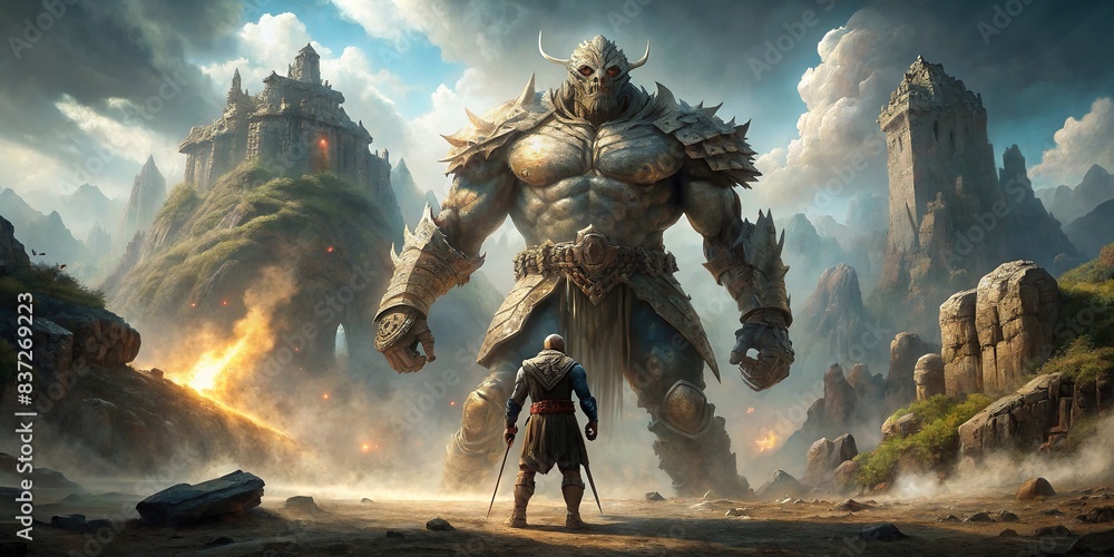 of a heroic figure facing a giant golem in a fantasy setting, fantasy ...