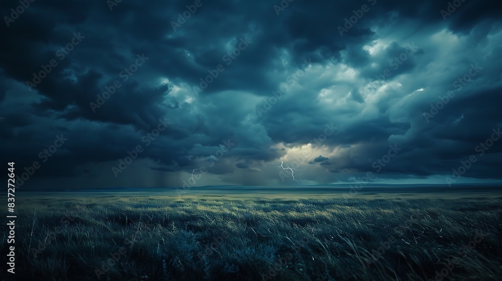 Dramatic thunderstorm rolling over a vast open field, with lightning ...