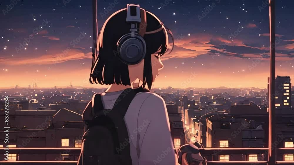 lofi anime girl watching sunset, cosmic sky animation, lofi animation ...