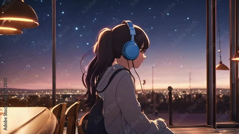 lofi anime girl watching sunset, cosmic sky animation, lofi animation ...