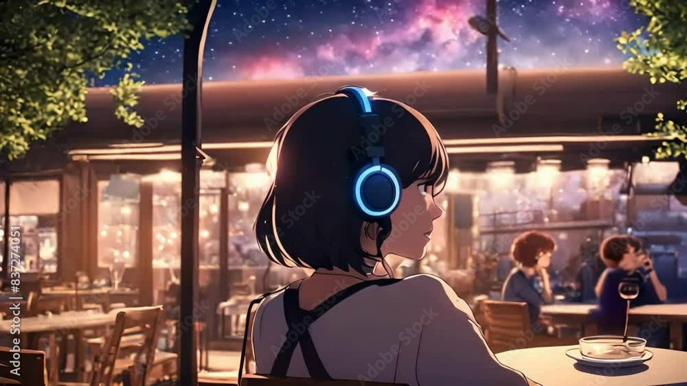 lofi anime girl watching sunset, cosmic sky animation, lofi animation ...
