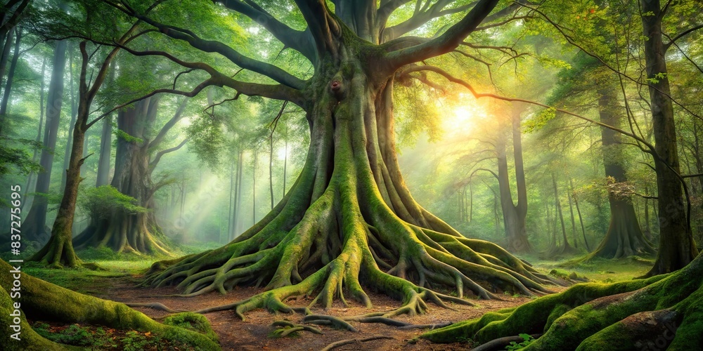 Ancient giant tree with massive roots in a mystical forest , fantasy, tree, roots, nature ...