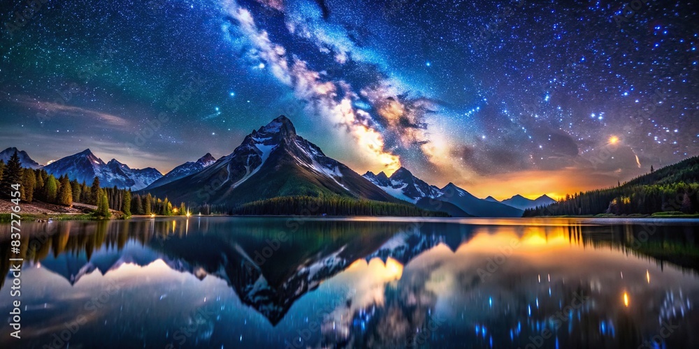 Spectacular mountain and lake in starry night with shimmering light, , nature, background ...