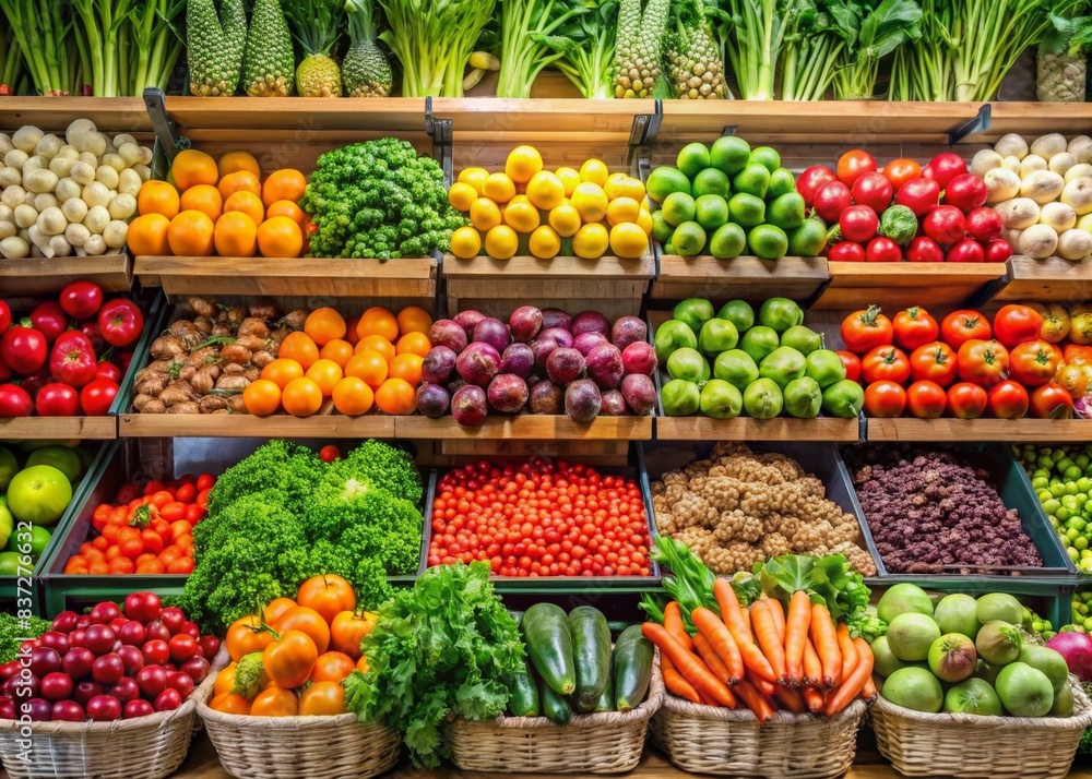 Foto de Organic fruits and vegetables neatly displayed in the fresh ...