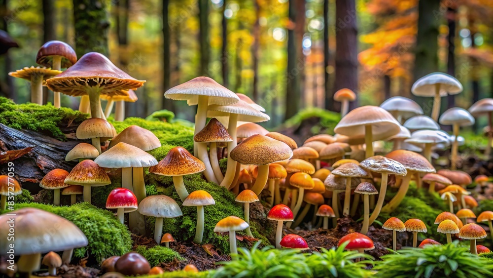 Pattern of diverse mushrooms and fungi on a forest floor, mushrooms ...