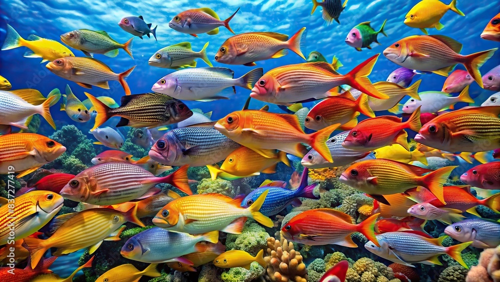Foto de Underwater of a colorful school of fish swimming together ...