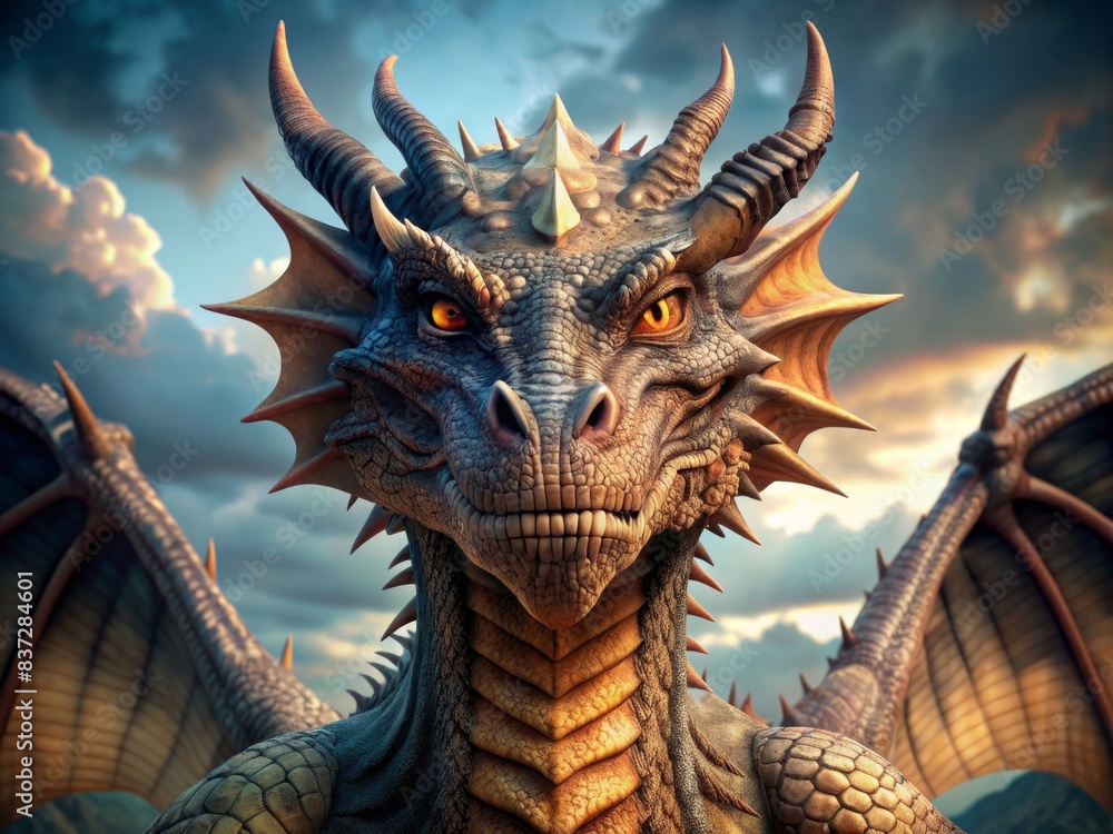 Medieval-themed, photorealistic of a front view dragon in a format ...