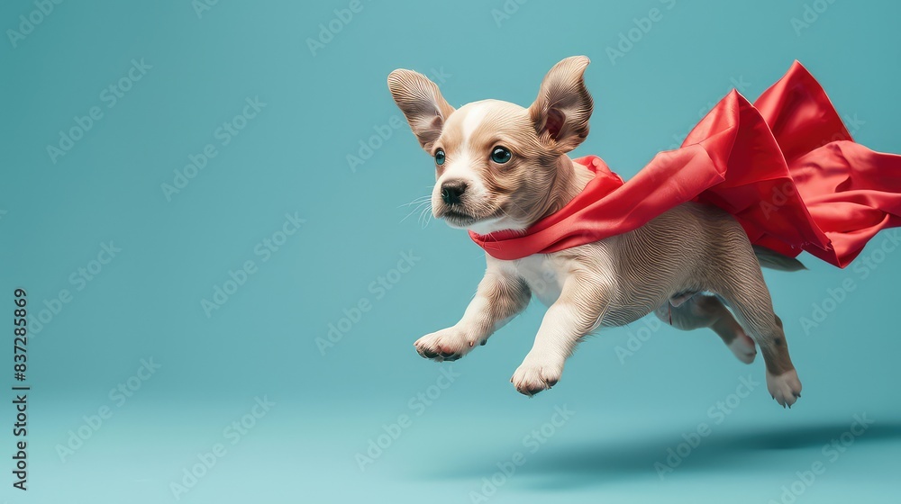 superhero cute dog flying with a blue background with dramatic faces ...