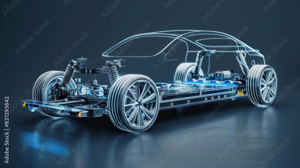 A line art 3D illustration displays a modern electric car chassis x-ray ...