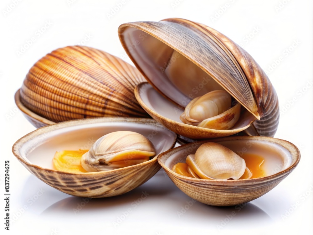 Open and closed clams with shellfish isolated on white background ...