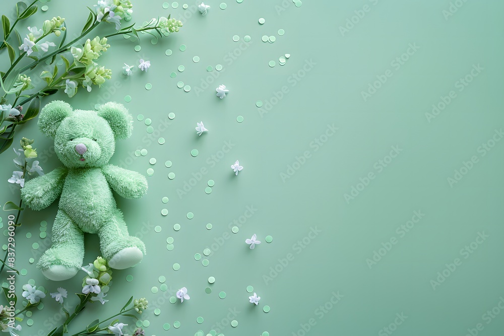 Mint Green Teddy Bear with Flowers on Mint Background, Cute Plush Toy ...