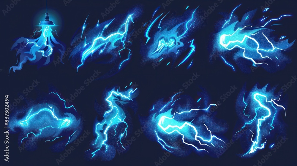 Cartoon lightning animation. Animated frames of electric strike, magic ...