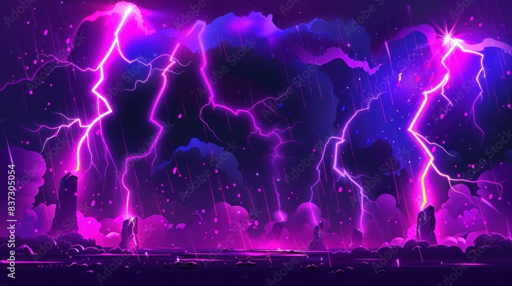 Lightnings, purple thunderbolts hit ground isolated on black background ...