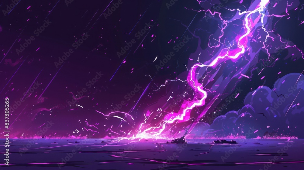 Lightnings, purple thunderbolts hit ground isolated on black background ...