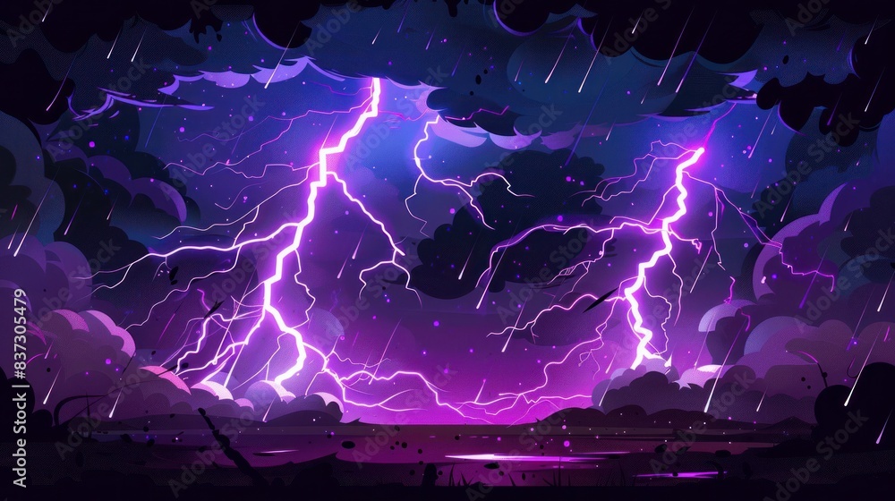 Lightnings, purple thunderbolts hit ground isolated on black background ...