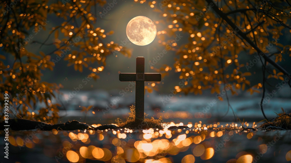 A Christian cross on a riverbank as the full moon rises behind it, with ...