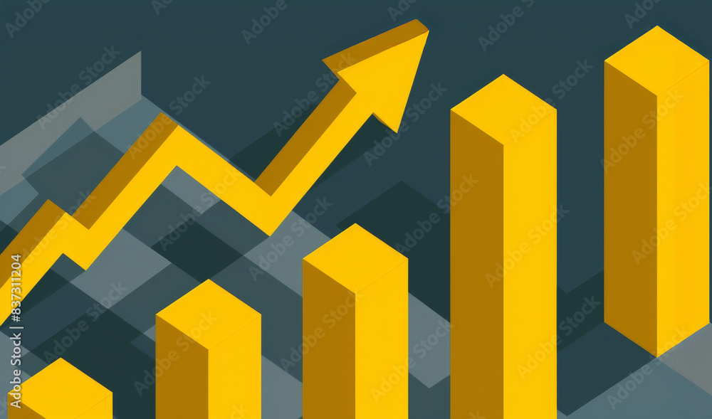 3D bar graph yellow bars and upward yellow arrow on dark background ...