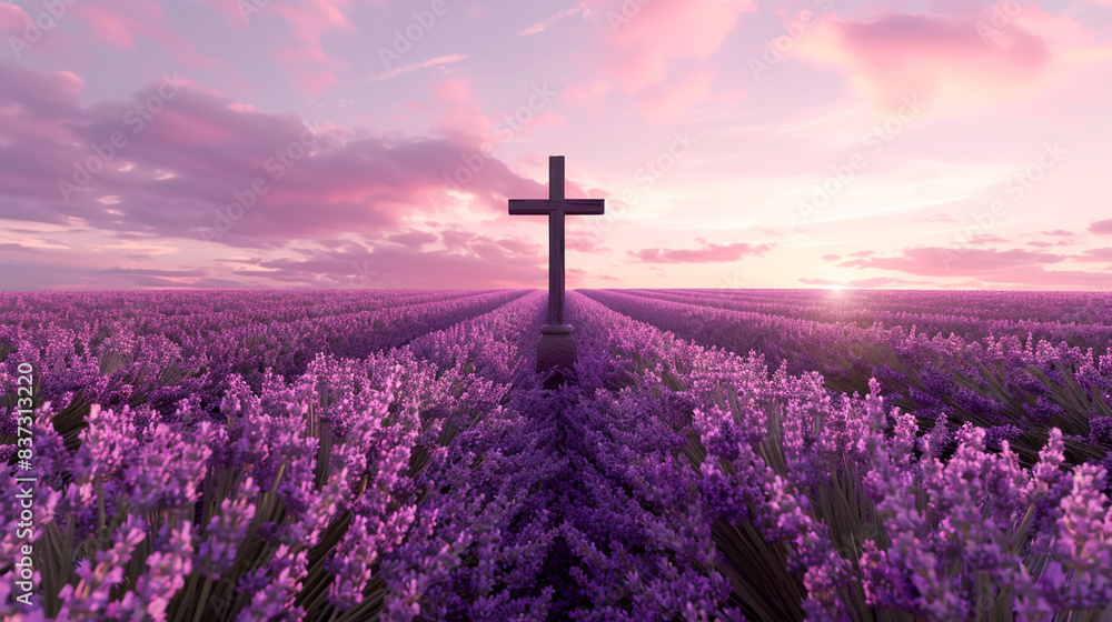 A Christian cross in the middle of a lavender field at sunset, with the ...