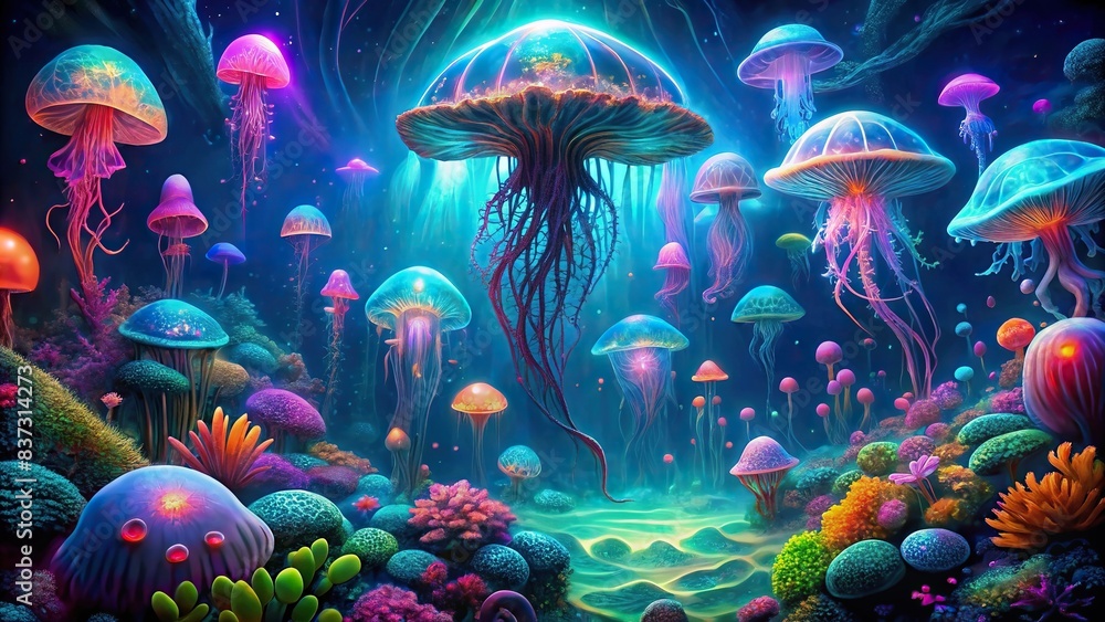 Neon underwater scene with bioluminescent jellyfish and deepsea ...