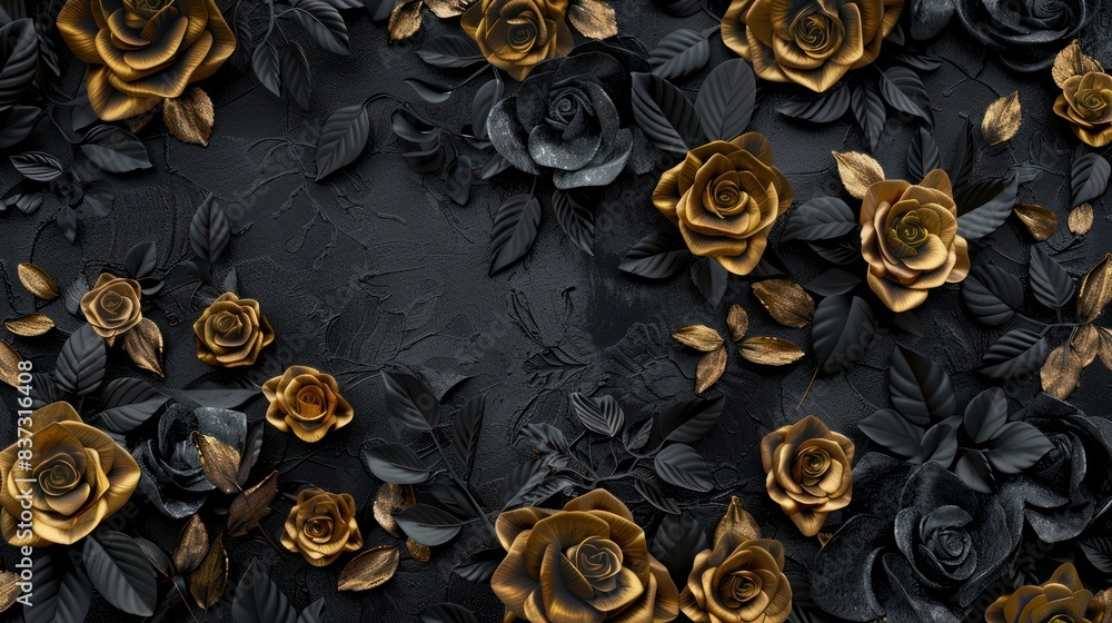 Dark romantic pattern with golden roses and black leaves on a black ...