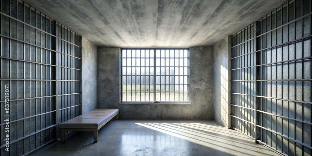Empty prison cell with window and steel bars, concrete walls. render ...