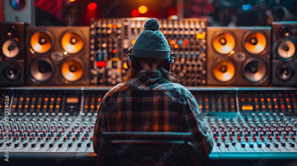 Sound engineer working at a professional audio mixing console in a ...
