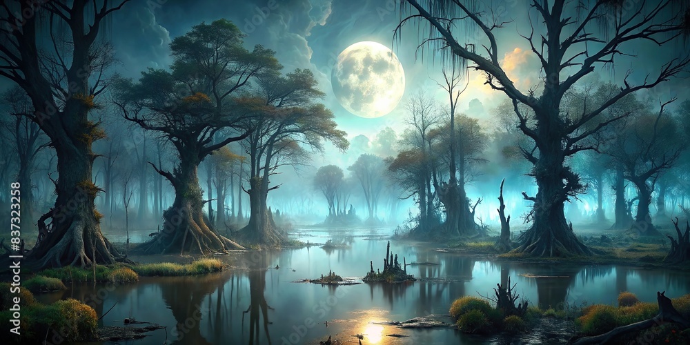 Spectral moonlit swamp with fog, dark waters, twisted trees, and full ...