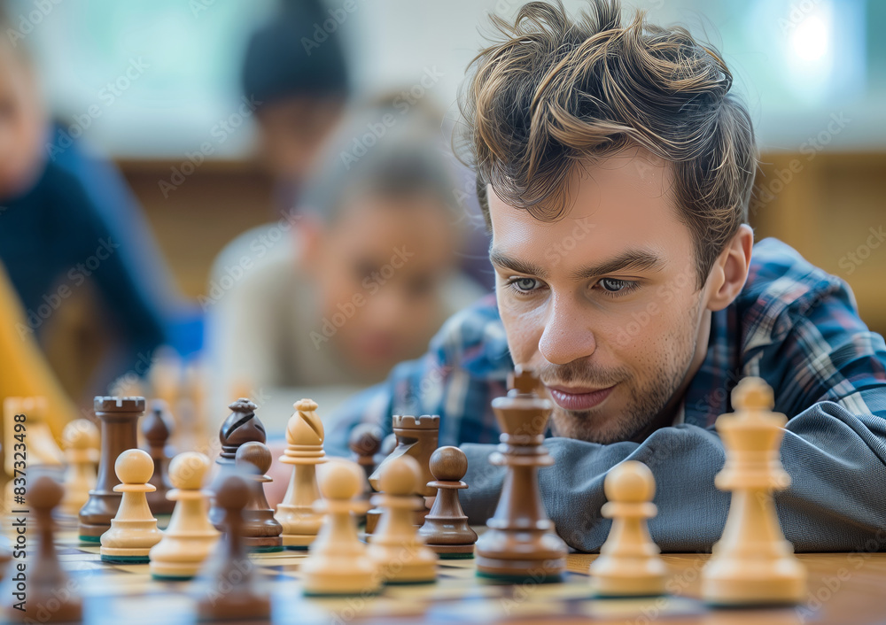 Male chess player focuses on playing chess at a chess tournament. Chess ...