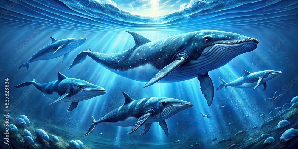 Blue artistic of whales swimming in the ocean perfect for wallpaper and ...