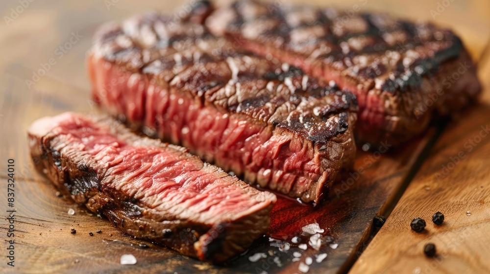 Medium Rare Perfection A sliced grilled beef steak showing the perfect ...