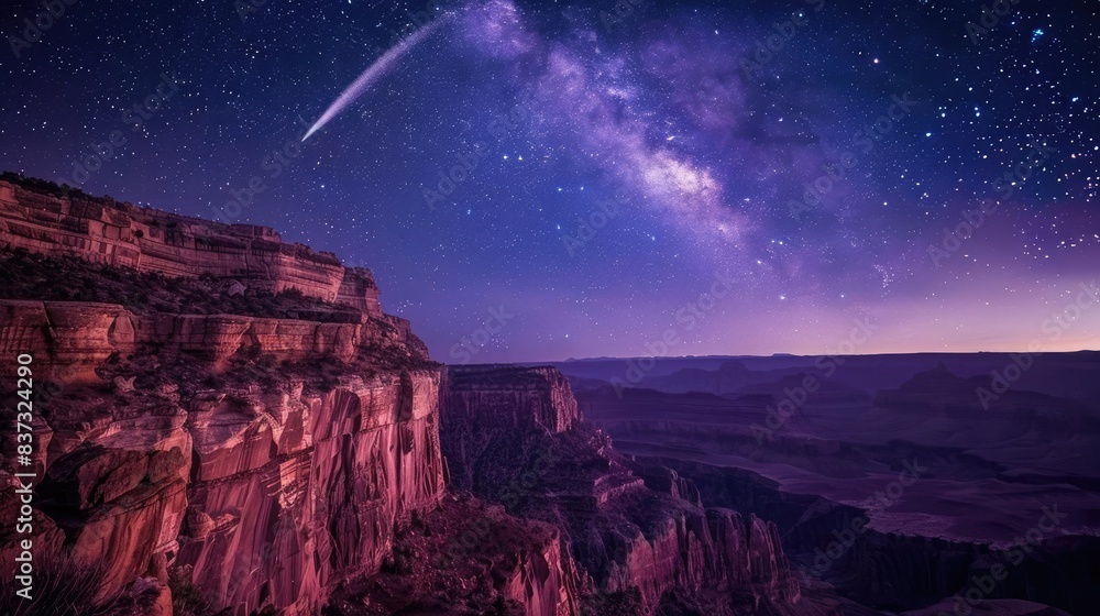 Starry Night Over Canyon A comet above a canyon landscape, with the ...