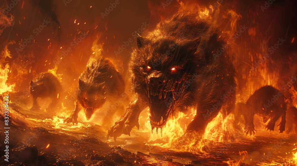 demonic wolves with glowing eyes and flames, aggressive and intense ...