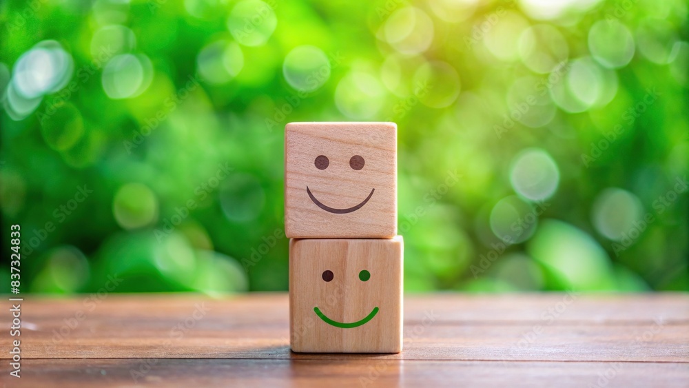 Emotion face on wooden block in soft focus on green background for ...