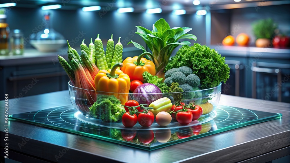 Futuristic holographic display of vegetables with artificial ...